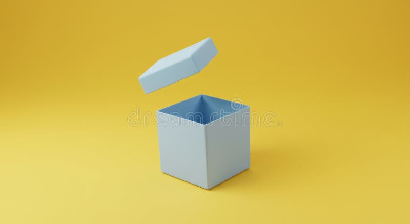 Minimalist Blue Box with Floating Lid Against Bold Yellow Background ...