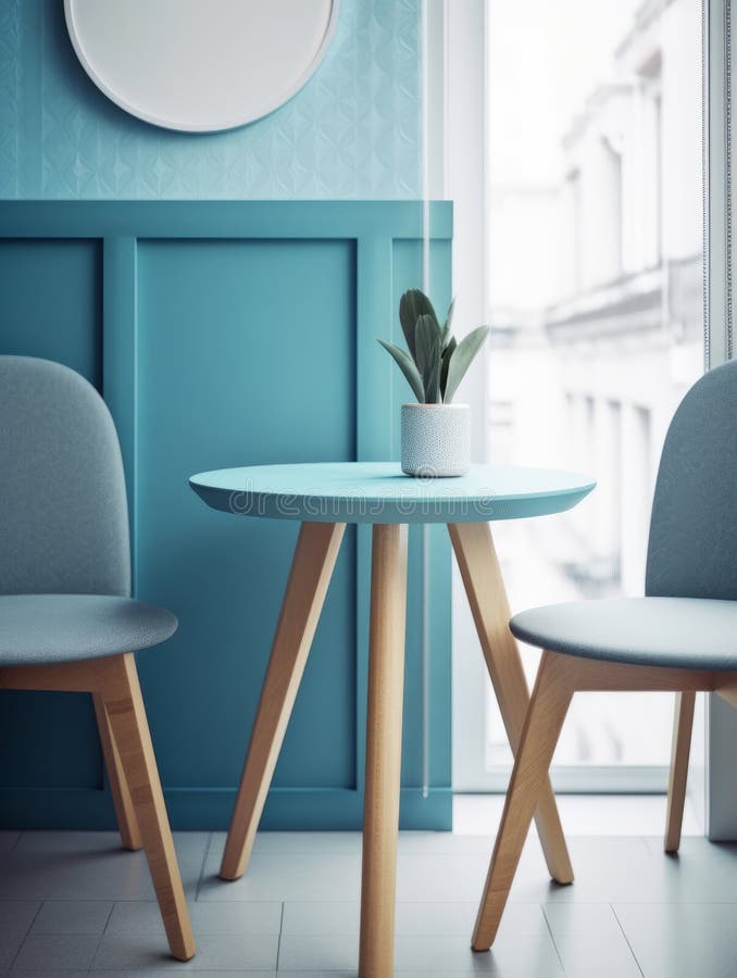 Minimalist Blue Interior with a Table by the Window. Serene and Calm ...