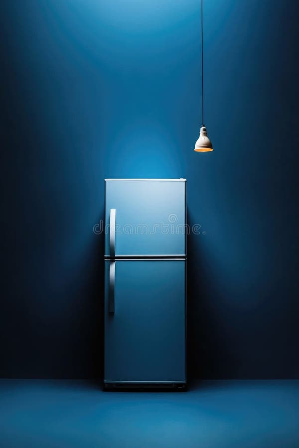Minimalist Blue Kitchen with Modern Refrigerator and Pendant Light ...