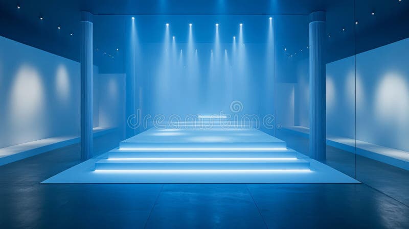 Minimalist Blue Lit Stage with Steps and Pillars Stock Illustration ...
