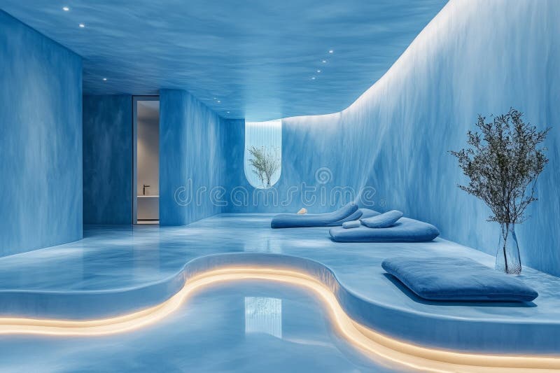Minimalist Blue Room Featuring Soft Curves and Ambient Lighting Stock ...