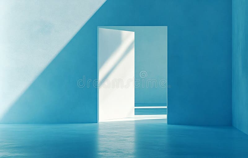 Minimalist Blue Room with Open Door and Light Streaming in Creating a ...