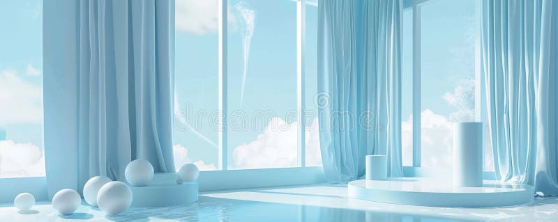 Minimalist Blue and White Interior with Large Windows and Curtains ...