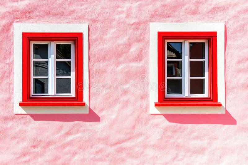 Minimalist Blush Wall Accentuated by Bold Red Window Frames in a ...