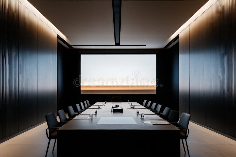 Minimalist Boardroom with a Large Conference Table, Modern Lighting ...