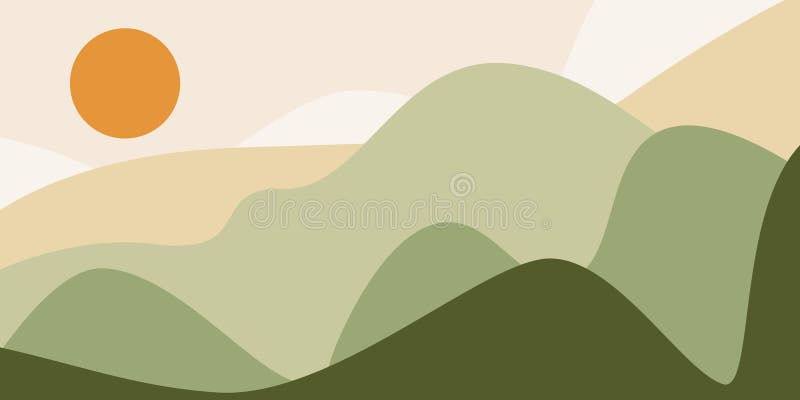 Minimalist Boho Landscape Illustration with Rolling Green Hills and Bright Sun. Stock Vector ...