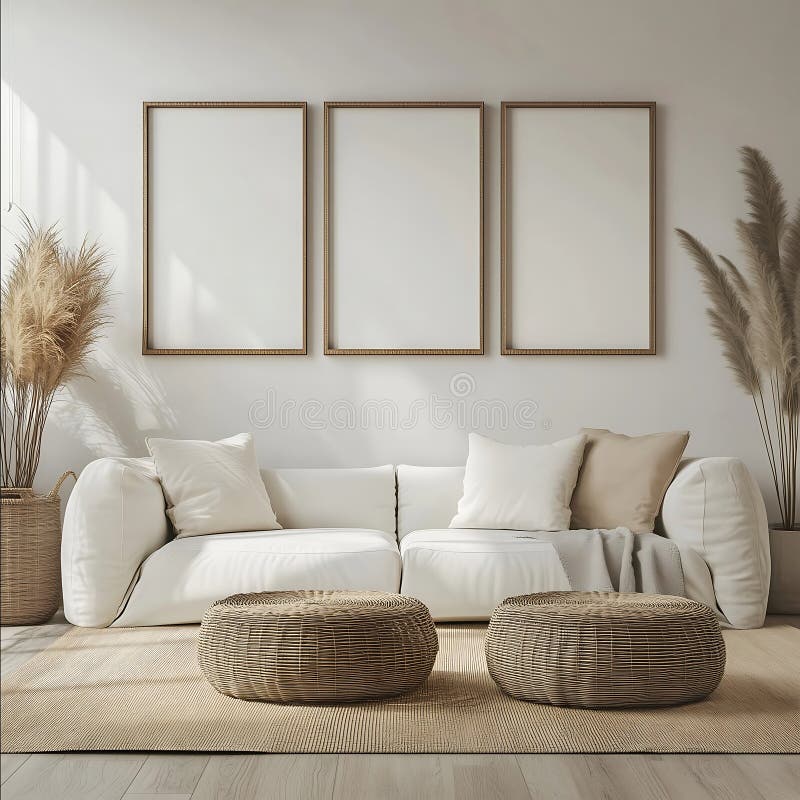 Minimalist Boho Living Room Empty Wall Three Picture Frames on the Wall ...