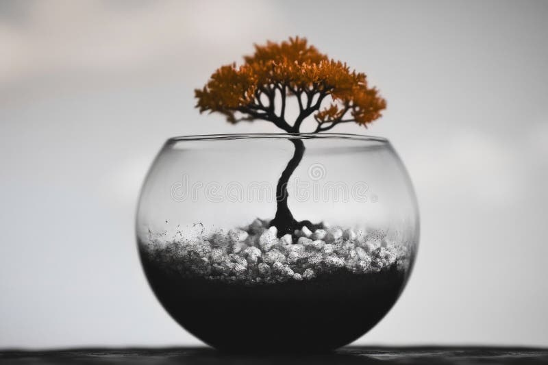 Minimalist Bonsai Tree in Glass Bowl Against Soft Focus Background ...