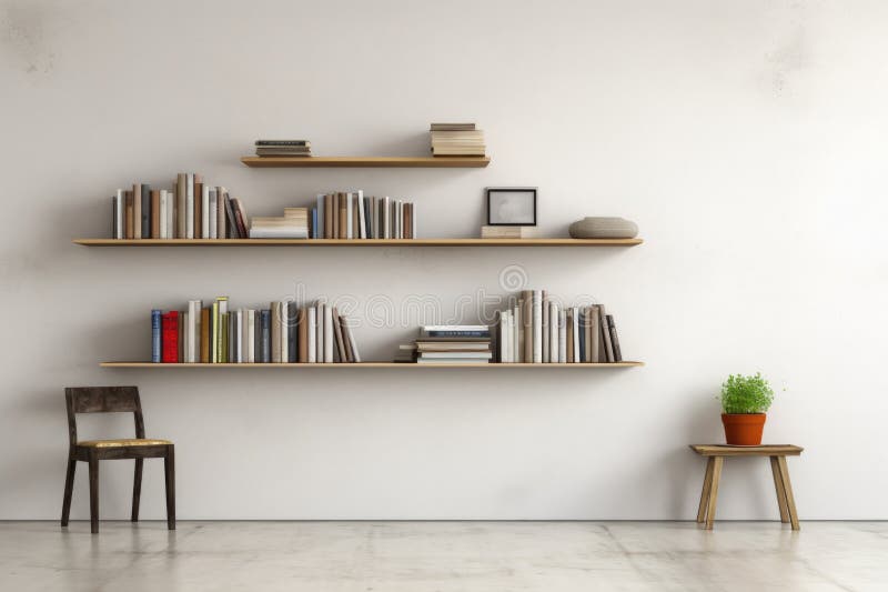 Minimalist Bookshelf with Few Books on a Plain Wall Stock Image - Image ...