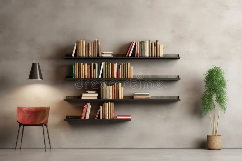 Minimalist Bookshelf with Few Books on a Plain Wall Stock Illustration ...