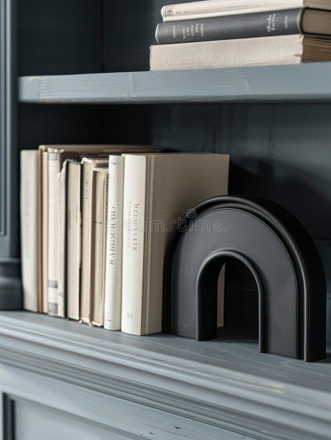 Minimalist Bookshelf with Neatly Organized Books and a Black Bookend ...