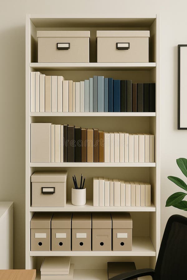 Minimalist Bookshelf with Organized Office Storage Boxes Stock ...
