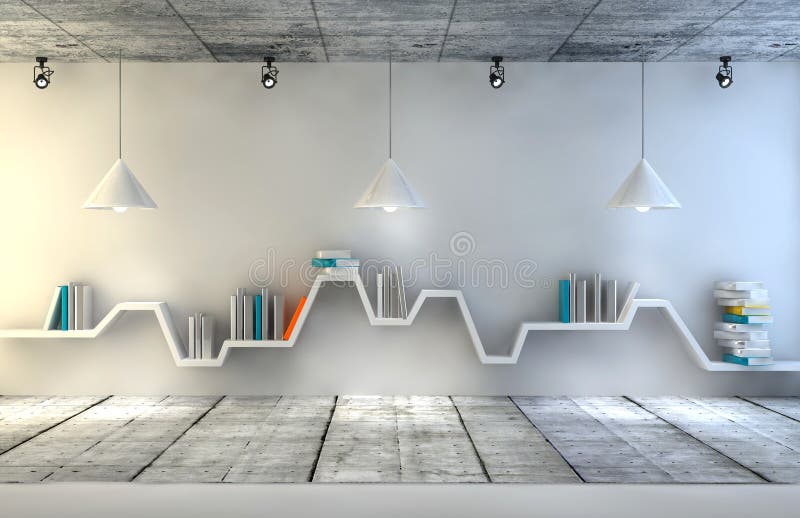 Minimalist Bookshelf Over Dramatic Concrete Background, Modern Interior ... Minimalist Bookshelf Over Dramatic Concrete Background, Modern Interior ...