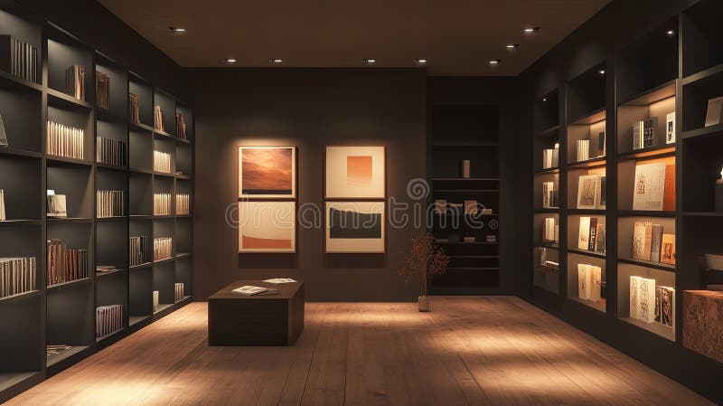 Minimalist Bookstore Booth with Soft Lighting and Art Posters . Stock ...