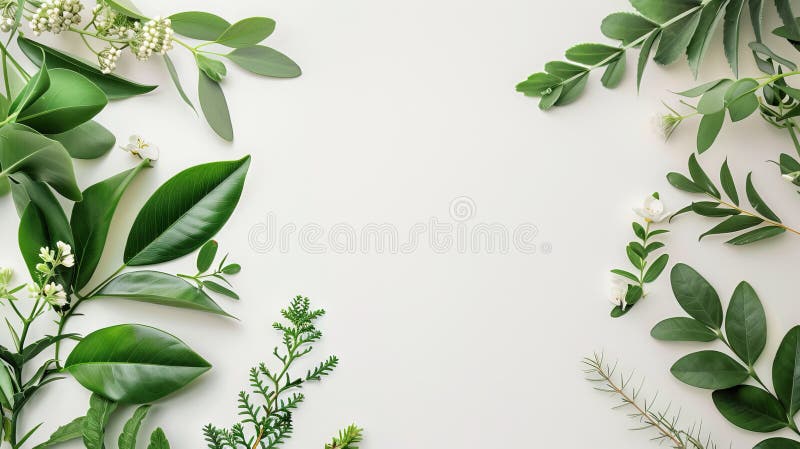 Minimalist Botanical Background with Green Leaves and White Flowers ...