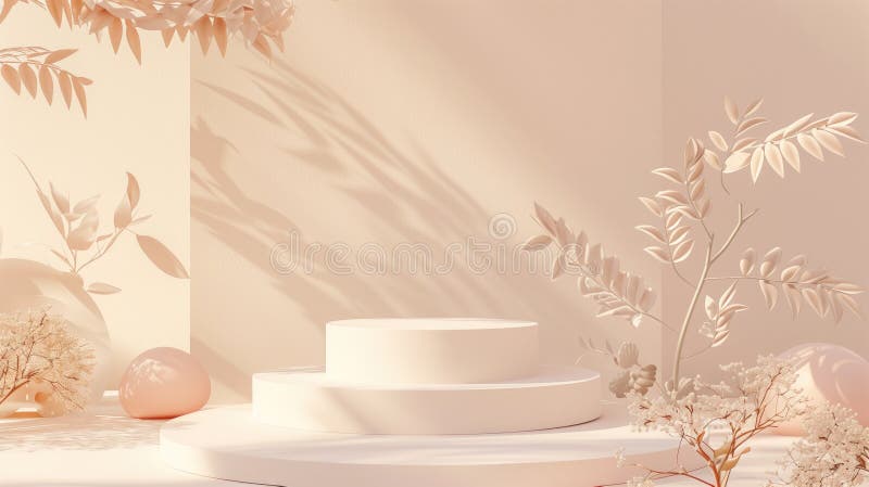 Minimalist Botanical Background with White Pedestal and Beige Floral ...