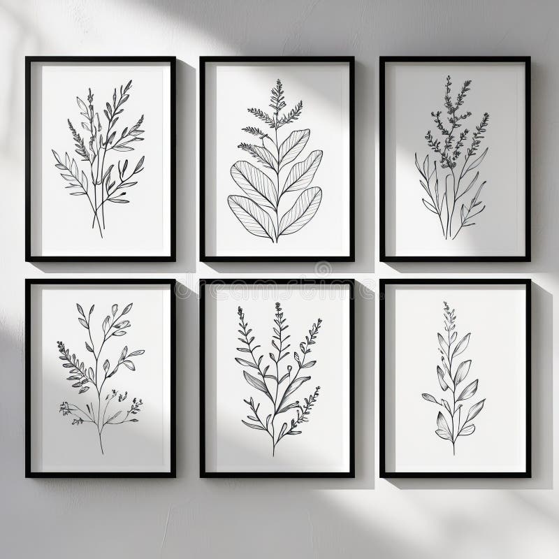 Minimalist Botanical Line Art in Modern Frame Set Stock Illustration ...