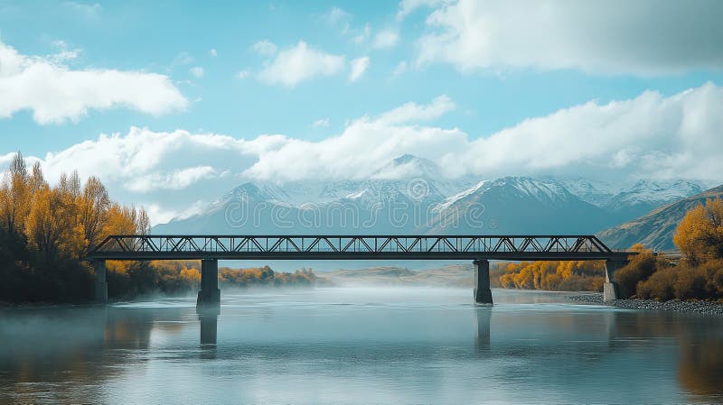 A Minimalist Bridge Crossing a River with Mountains in the Background ...