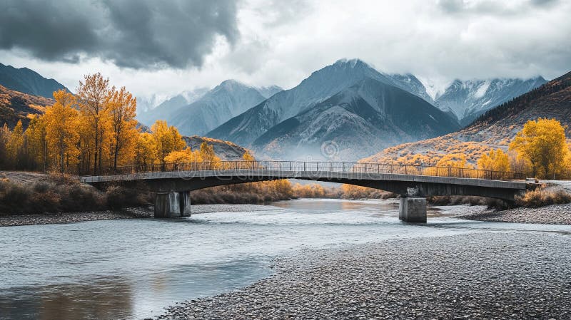 Minimalist Bridge Crossing River Mountains Background Stock Photos ...