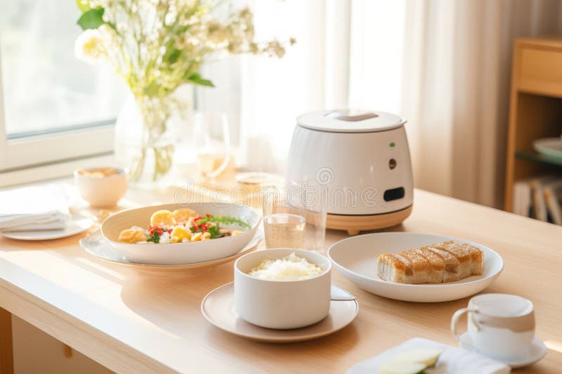 A Minimalist Bright Kitchen with a Rice Cooker and Dishes on Top of the ...