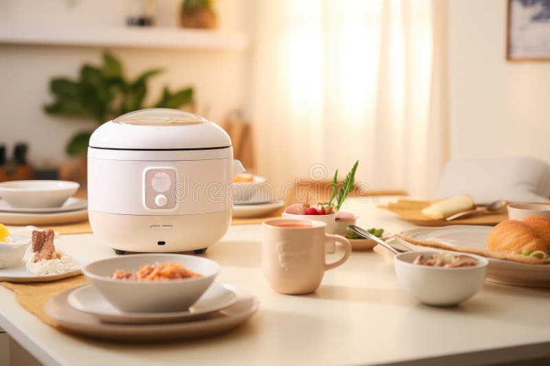 A Minimalist Bright Kitchen with a Rice Cooker and Dishes on Top of the ...