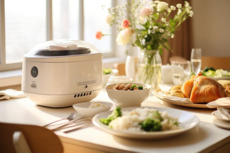 A Minimalist Bright Kitchen with a Rice Cooker and Dishes on Top of the ...