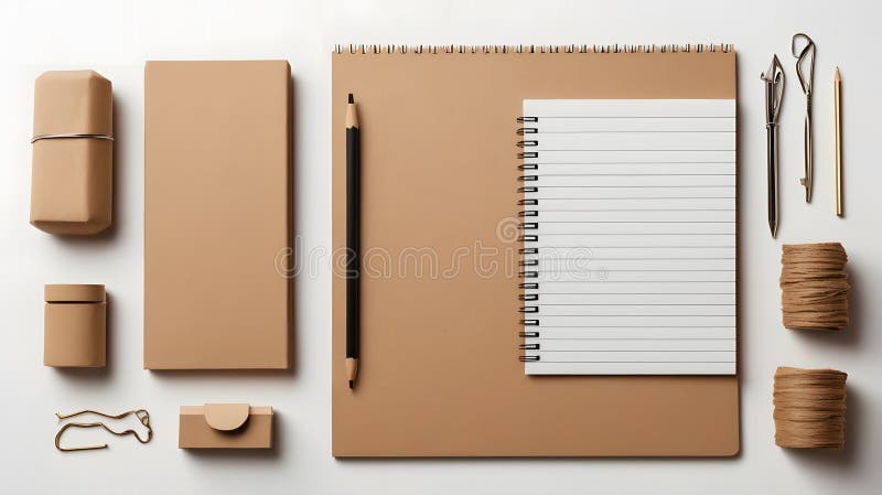 Minimalist Brown Office Supplies Notebook Paper Pen and Thread Setup Stock Illustration ...