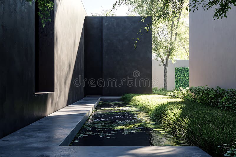 Minimalist Building with Pond, Lily Pads, Grass, Stone Path, Modern ...
