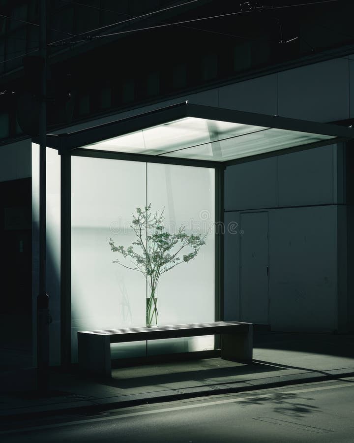 Minimalist Bus Stop with Vase and Flowers in Urban Setting Stock ...