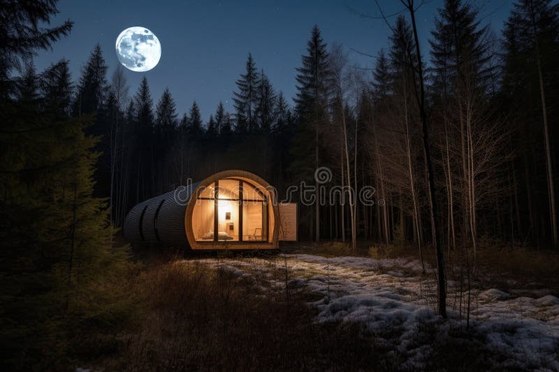 Minimalist Cabin in the Woods, with a View of the Full Moon Stock ...