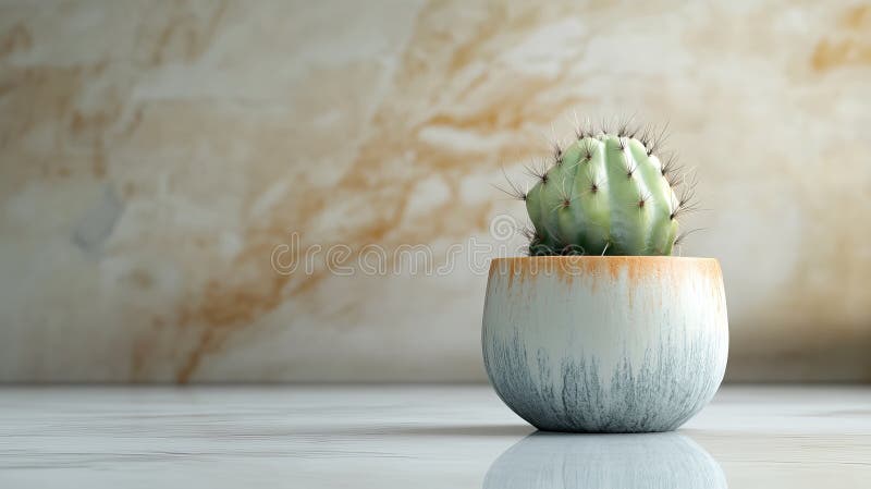 Minimalist Cactus in Ceramic Pot on Marble Surface with Textured ...