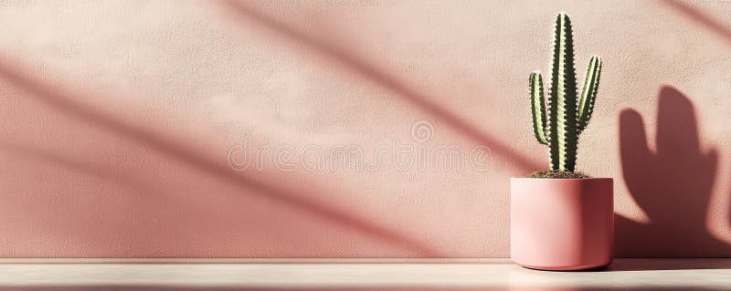 Minimalist Cactus in a Pink Pot Casting Shadow on Pastel Pink Wall ...