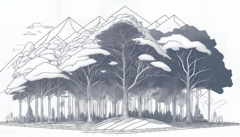 Minimalist CAD Tree Line Drawing Captivating Side View Mountain Forest ...