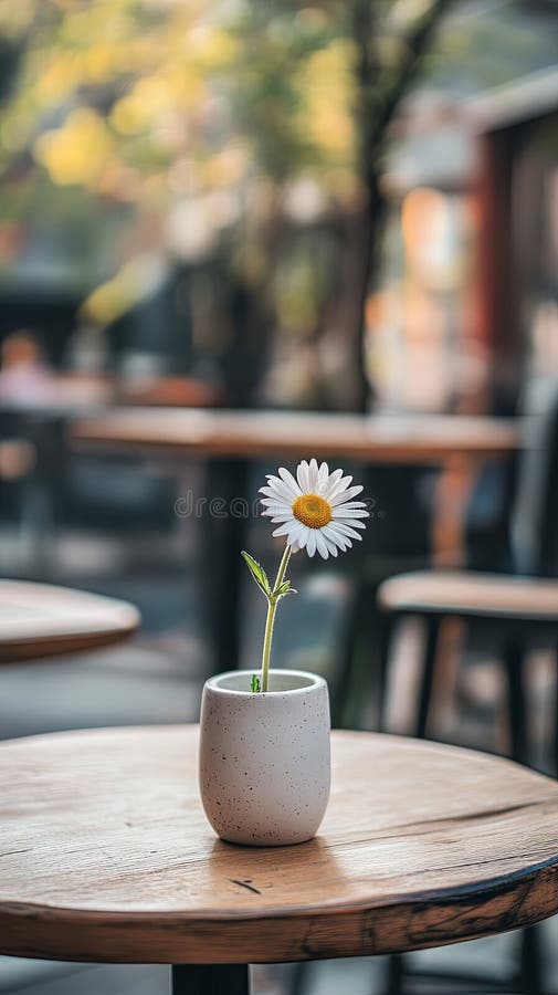 A Minimalist Caf Table Outside with a Small Vase Holding a Fresh Daisy ...
