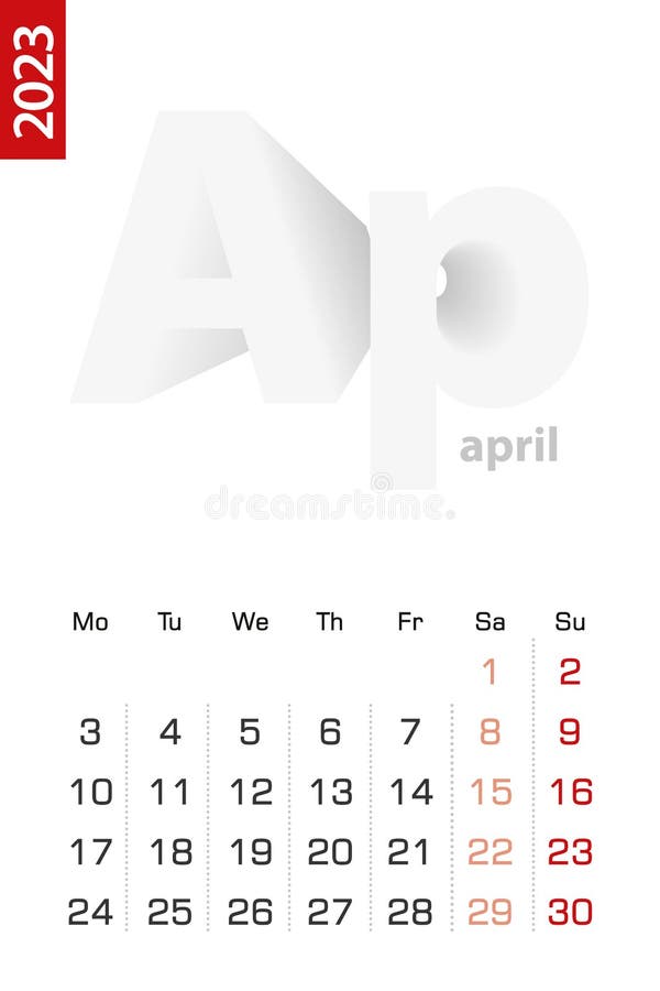 Minimalist Calendar Template for April 2023, Vector Calendar in English ...