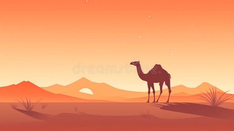 Minimalist Camel Sunset Landscape: Flat Chromatic Fields Concept Art ...