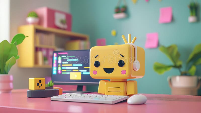 Minimalist Cartoon Character with Coding Blocks, Clean and Simple ...