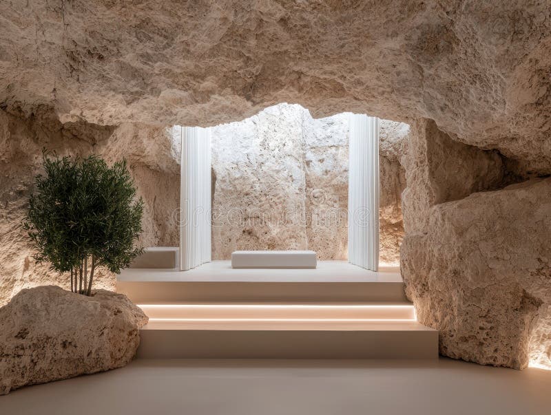 Minimalist Cave Interior with Natural Light and Plant. Stock ...