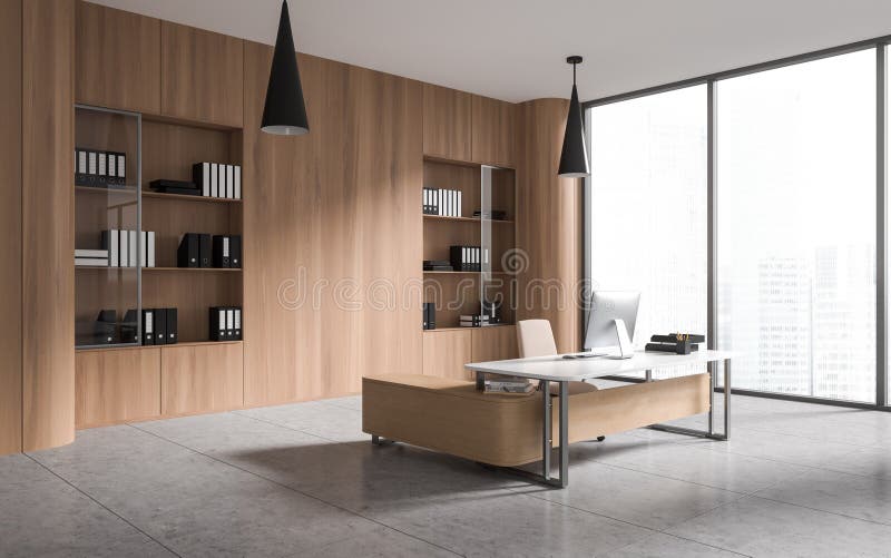 Minimalist Ceo Interior with Workplace and Shelves, Panoramic Window ...