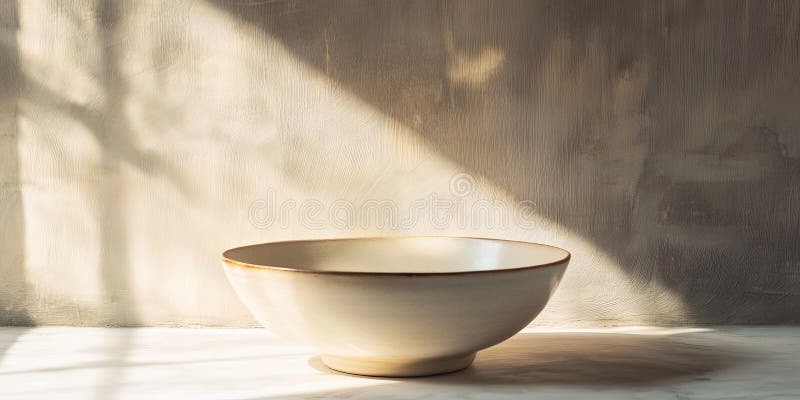 Minimalist Ceramic Bowl with Sunlight and Shadows on Textured ...