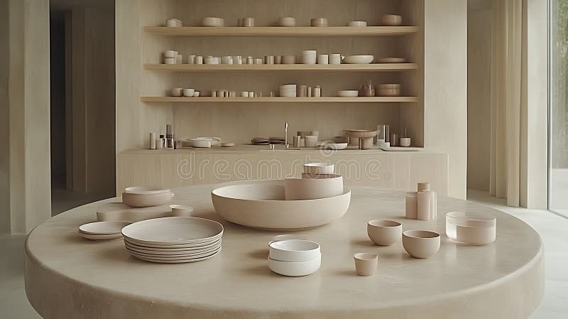 Minimalist Ceramic Tableware Display in Modern Kitchen Setting Stock ...