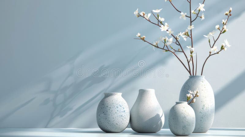Minimalist Ceramic Vases with Delicate Branches and Shadows on a Light ...