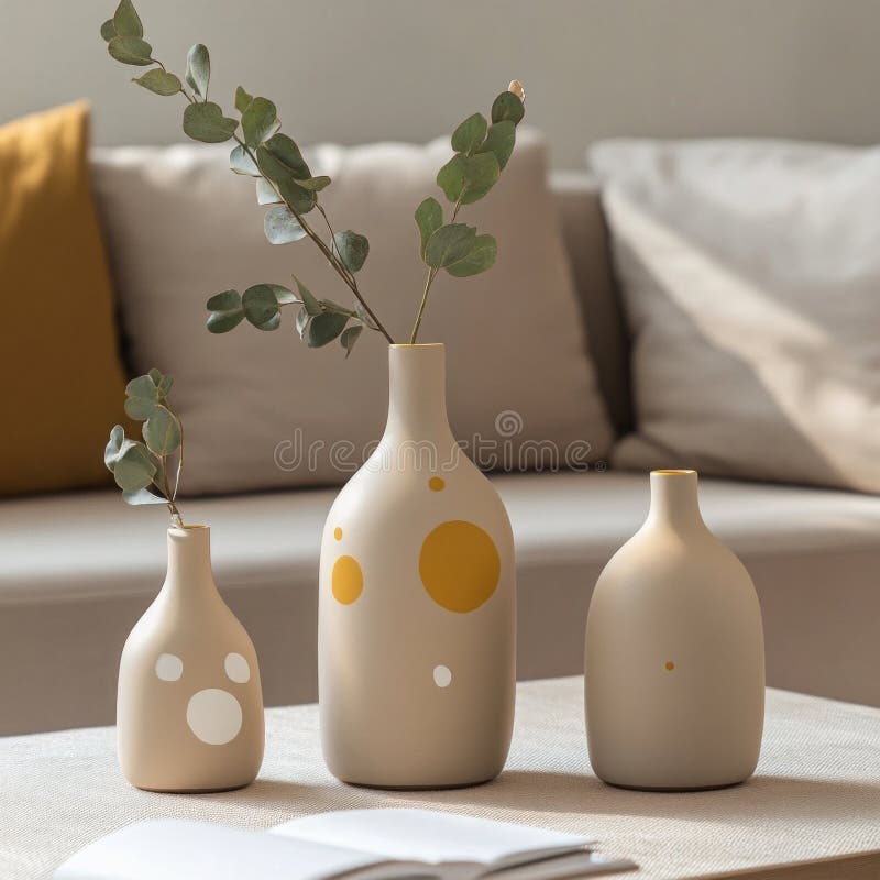 Minimalist Ceramic Vases with Leaves on Table in Modern Living Room ...