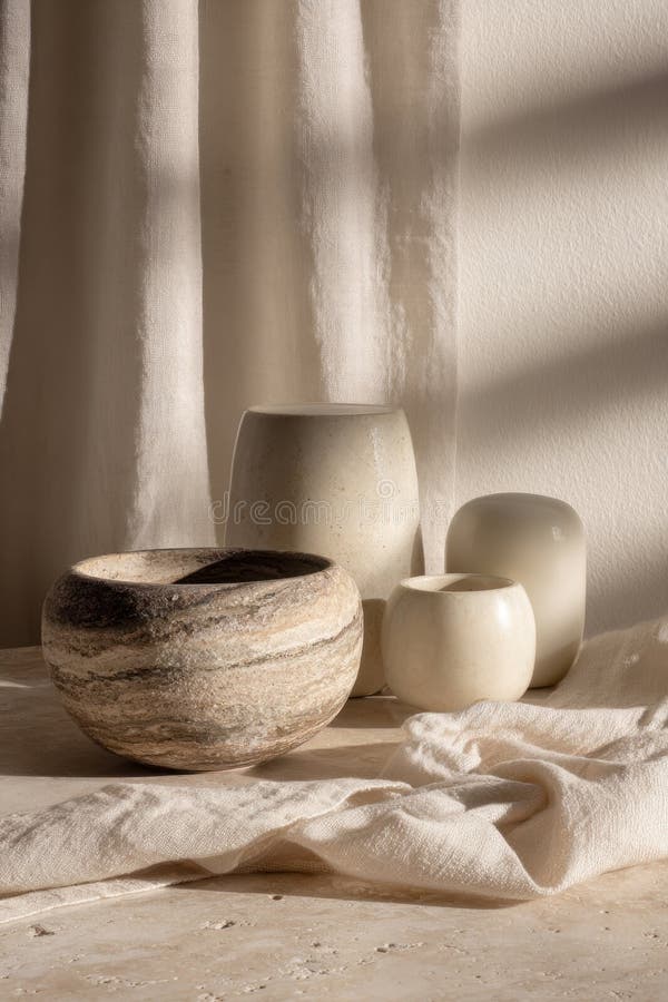 Minimalist Ceramic Vases on Textured Surface in Natural Light Stock ...