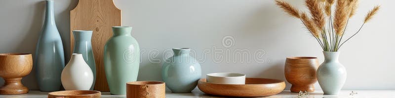 Minimalist Ceramic and Wooden Vases with Dried Pampas Grass Display on ...