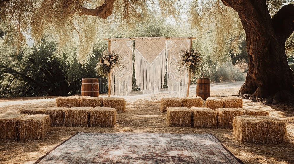 Minimalist Ceremony Setup with Hay Bale Seating and Macrame Backdrop ...