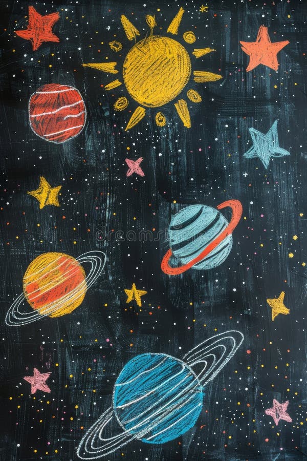 Minimalist Chalk Drawing of a Celestial Landscape on Black Paper ...