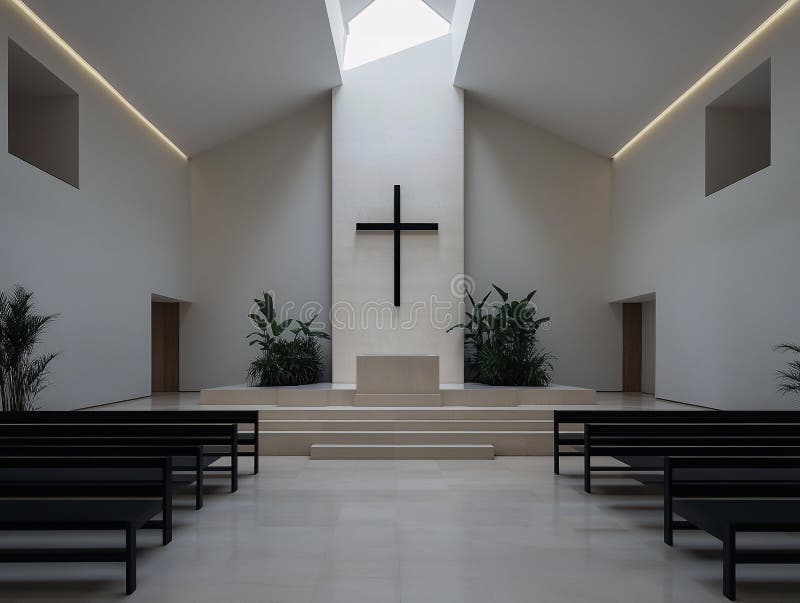 Minimalist Chapel with Natural Light, Cross, and Simple Seating. Stock ...