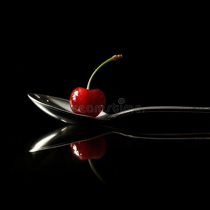 Minimalist Cherry on Spoon with Reflection Stock Photo - Image of black ...