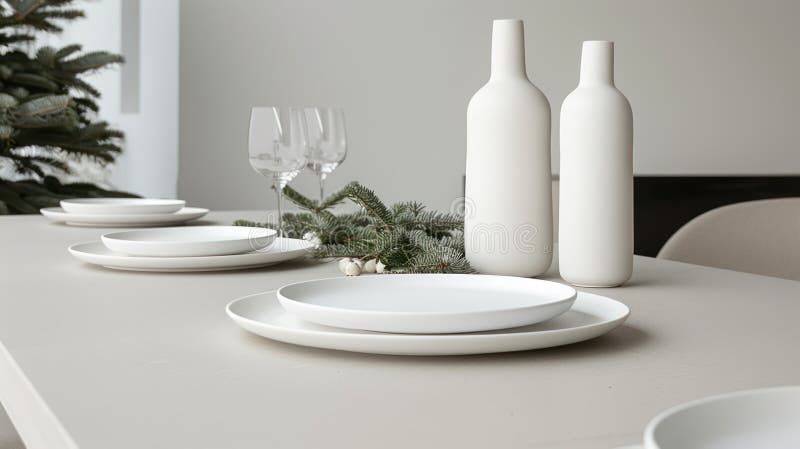 Minimalist Christmas Dining Table with White Plates, Subtle Decorations ...